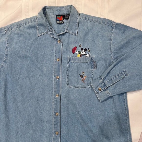 Disney | Tops | Disney Mickey Mouse Denim Button Down Shirt Womens ...